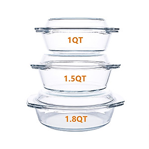 HUSANMP Set of 6 Pieces Round Tempered Glass Casserole Dish with Lids, Glass Casserole Baking Dish Set for Oven, Freezer and Dishwasher Safe - 1QT+1.5QT+1.8QT