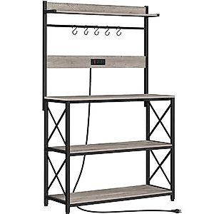 Yaheetech Kitchen Bakers Rack with Power Outlet, 36.5" W Microwave Oven Stand Kitchen Storage Rack with Hooks for Dining Room, Kitchen Organizer Shelves for Spices, Pots and Pans, Gray