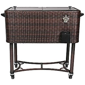 Permasteel 80-Qt Hand-Woven Wicker Patio Cooler with Wheels | Beverage Rolling Cooler for Backyard Deck, PS-A208-BB, Outdoor Drink Cart, Rattan Style, Brown