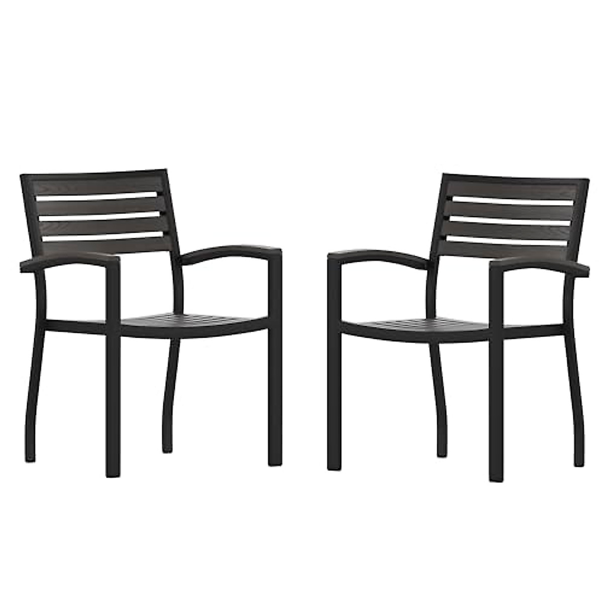 Flash Furniture Lark Set of 2 Stackable Aluminum Patio Chairs - All-Weather Black Framed Side Chairs with Gray Wash Faux Teak Slats - Commercial Grade