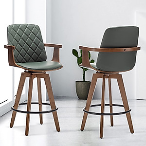 WUPOTO Bar Stools Set of 2, Upholstered Faux Leather Counter Height Bar Stools, Swivel Barstools with Wooden Arms and Legs, 25.6-Inch Seat Height(Green, Pack of 2)