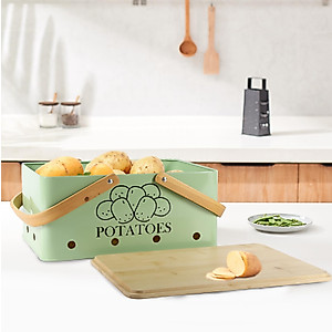 Xbopetda Potato Storage for Pantry, Metal Potato Storage Box with Bamboo Lid and Handle, Potato Bin Onion Storage with Aerating Holes, Kitchen Counter Organizer Container for Potato Onion Garlic-Green