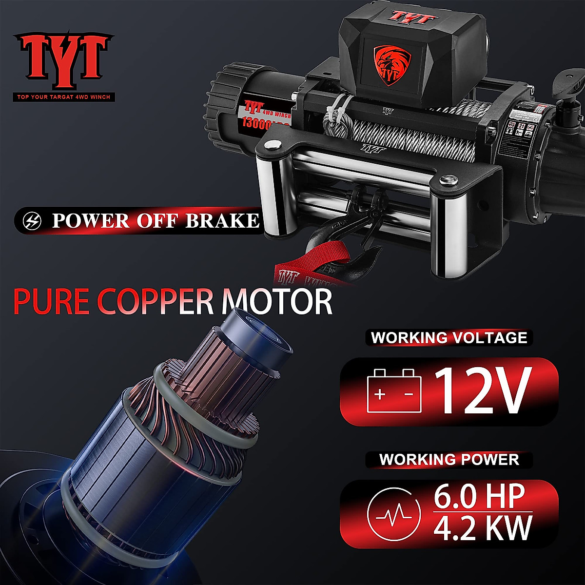 TYT T1 Series Winch 13000 lb. Advanced Load Capacity Electric Winch,12V Waterproof IP67 Electric Winch with Hawse Fairlead, Steel Cable Truck Winch with Wireless Handheld Remote and Wired Handle…