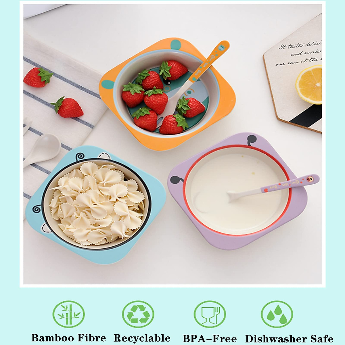 Lyellfe 6 Pack Bamboo Kids Bowls, 10 Oz Unbreakable Cute Bowls for Kids, Fun Cartoon Bowls, Kids Tableware Cereal Bowls for Soup Noodle Pasta, BPA Free, Dishwasher Safe