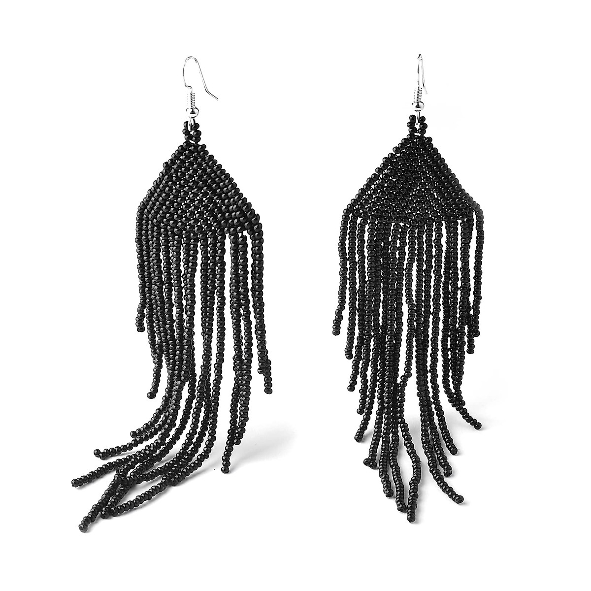 Handmade Beaded Tassel Earrings - Boho Drop Fringe Earrings for women, Native American Indian Earrings (Long Black)
