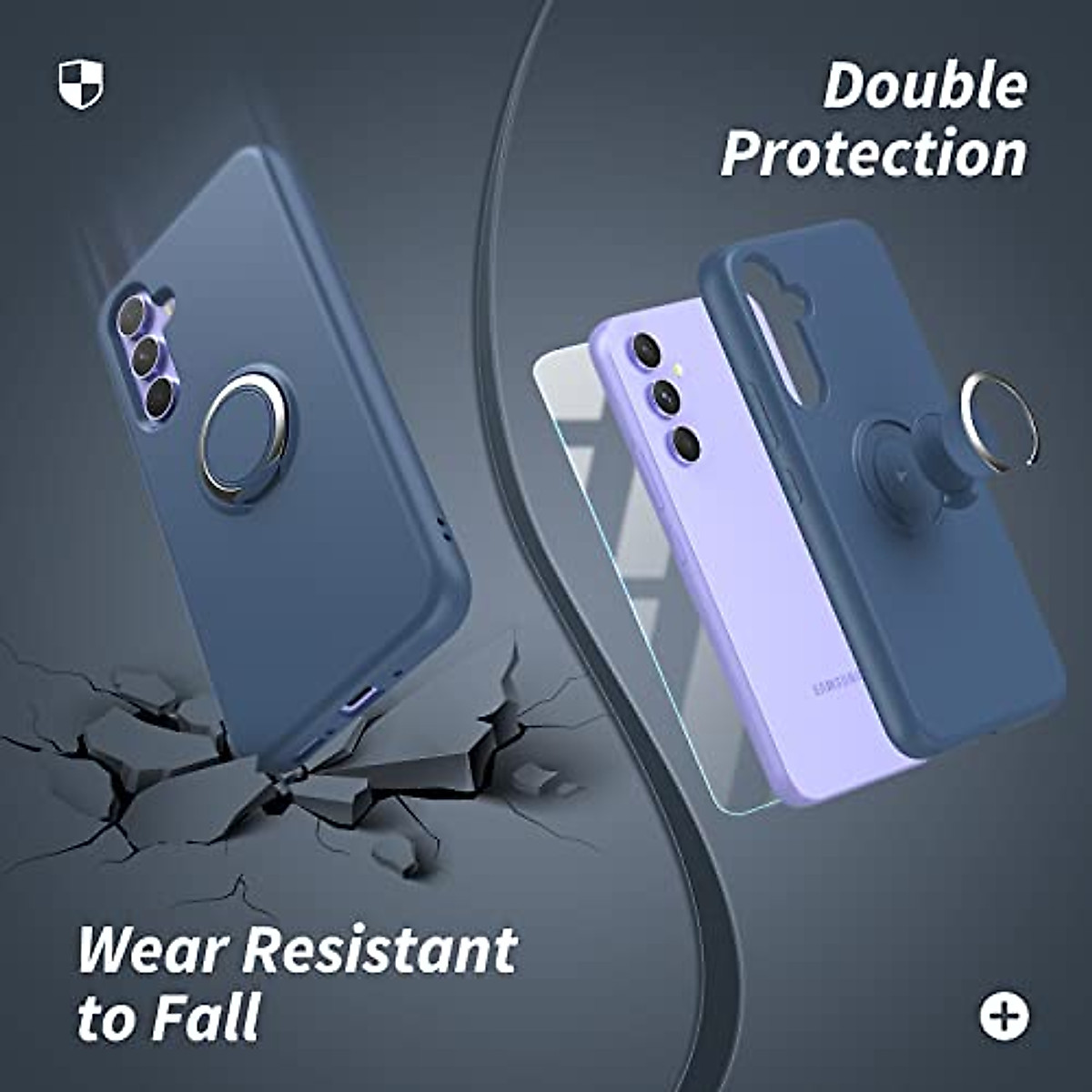 TUNKARMOR for Samsung Galaxy A14 5G Case: with 2 Pack Tempered Screen Protector & Built in 360° Adjustable Ring Kickstand Shockproof Protection Soft TPU Silicone Phone Cover (Blue)