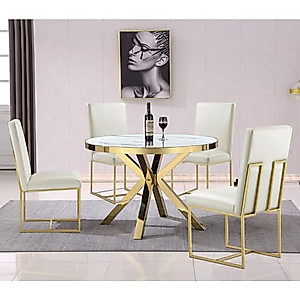 AUZ Round Dining Table, 45 inch White and Gold Table with Gorgeous Polished Stainless Steel Circle Trim and Cross Legs