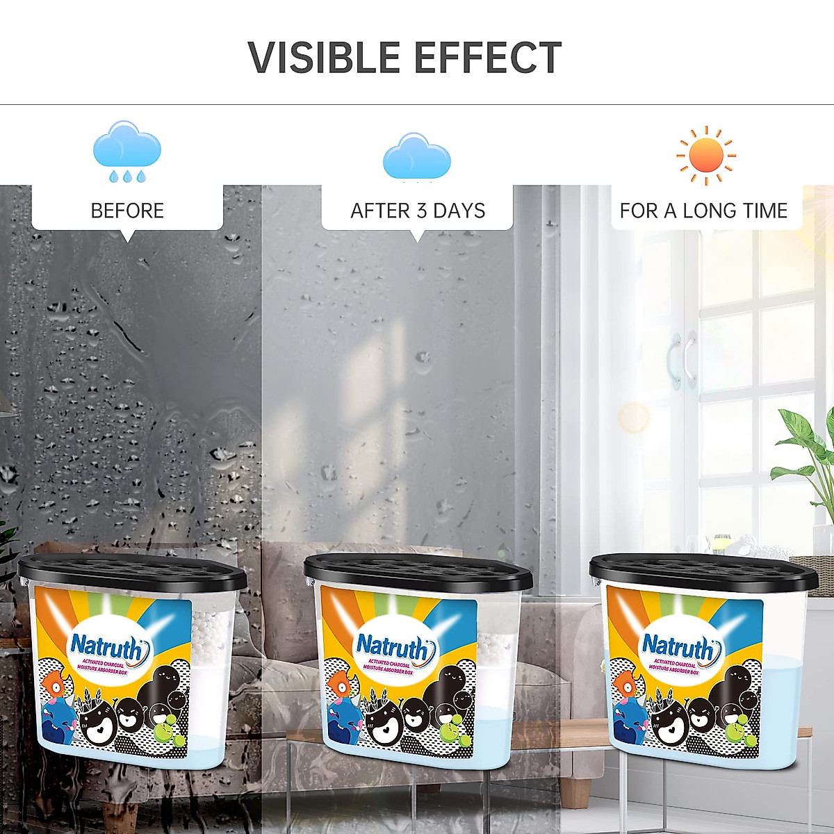 NATRUTH Moisture Absorbers with Activated Charcoal,800ml(6-Pack)*12.5 OZ Portable Closet Dehumidifier, Odor Eliminator Absorber Bucket,Humidity Absorber,Dehumidifier for Bathrooms, Kitchen & Boats