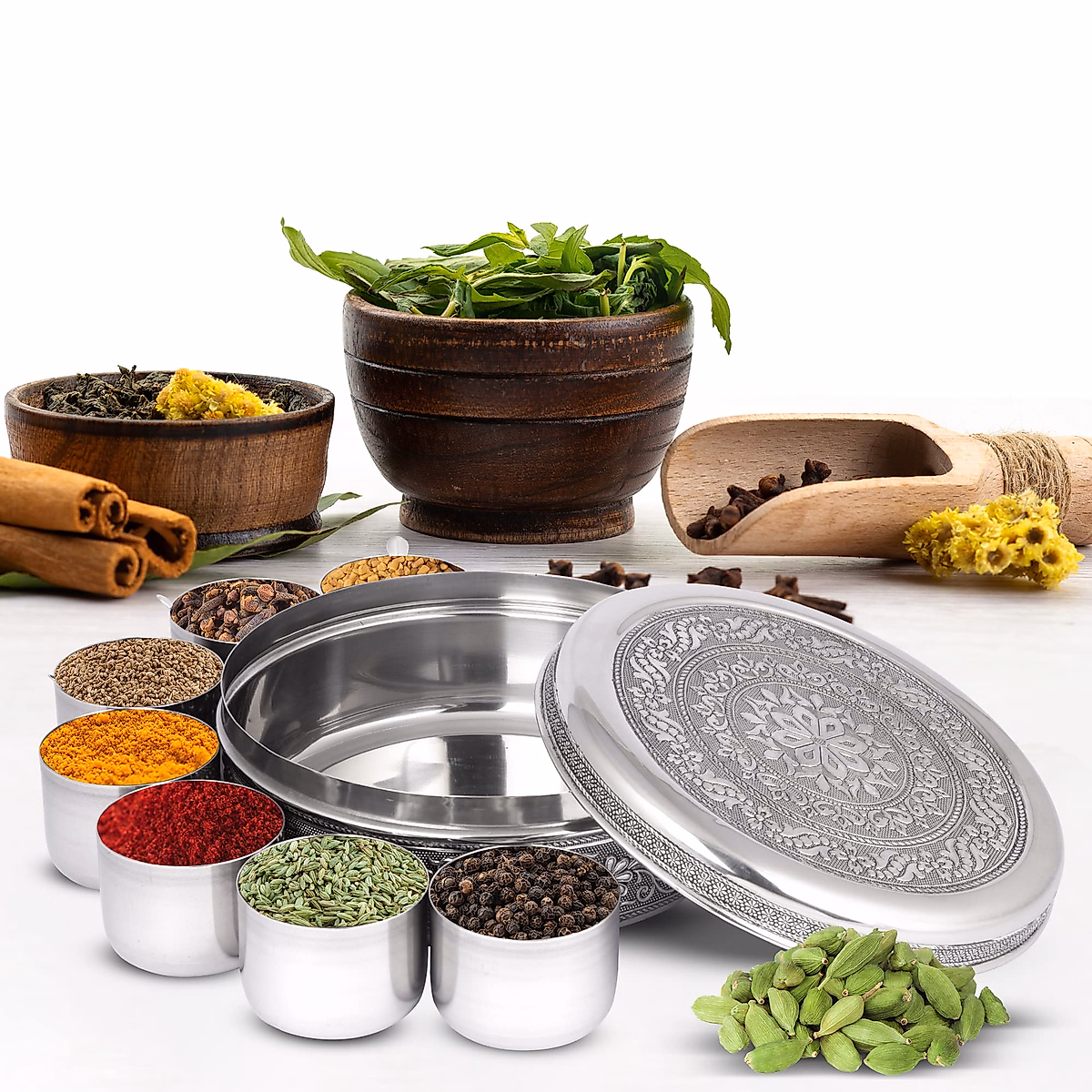 KSJONE Designer Spice Container Masala Dabba With 7 Compartments, Masala Box, Spice Container Box, Stainless Steel Spice Box Indian Masala Dabba with Lid, 8 Inch