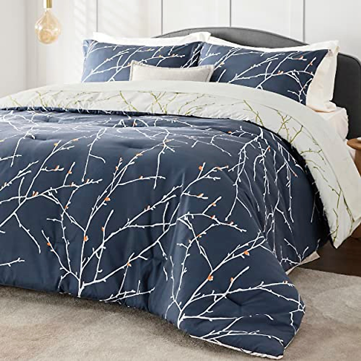 Bedsure Twin Comforter Set - Twin Bed Set 5 Pieces, Reversible Navy Blue Bed in a Bag Tree Branch Pattern Printed with Comforter Twin Size, Sheets, Pillowcase & Sham