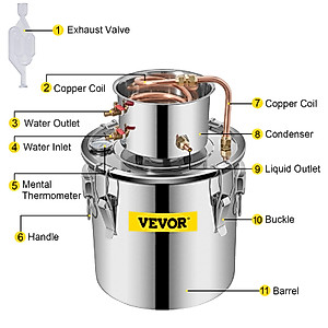 VEVOR Alcohol Still 5Gal/20L Alcohol Distiller Stainless Steel Distillery Kit for Alcohol With Copper Tube & Pump Home Brewing Kit Build-in Thermometer for DIY Whisky Wine Brandy