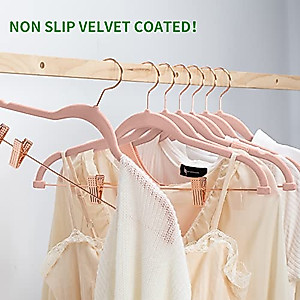 FSUTEG Velvet Pants Hangers, 24pack-16.7 Inch Coat Hangers with Rose Gold Colored Movable Clips, Heavy-Duty, Non-Slip, Space-Saving Blush Pink Skirt Hangers