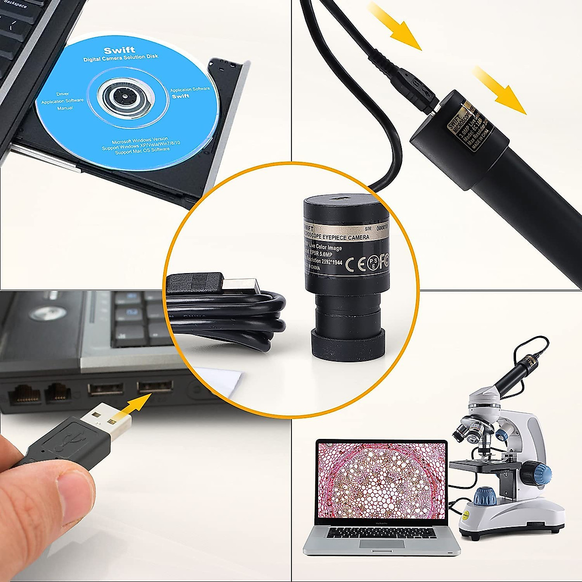Swift Compound Trinocular Microscope SW380T,40X-2500X Magnification,Siedentopf Head,Two-Layer Mechanical Stage,with 5.0 mp Camera and Software Windows/Mac Compatible
