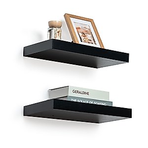 Fun Memories Deep Floating Shelves - 16" W x 9" D x 1.6" H Rustic Black Wall Shelf - Wall Mounted Shelves for Storage - Wooden Shelves with Invisible Brackets for Living Room, Farmhouse - Set of 2