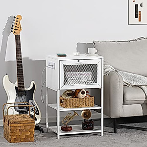 LEBOAHOUS Nightstand with Charging Station and USB Port, 3 Tier Industrial Night Stand, Bedside Table with Flip Storage Drawer and Open Shelf, End Side Table for Bedroom, Office, Dorm 26.2''H (White)