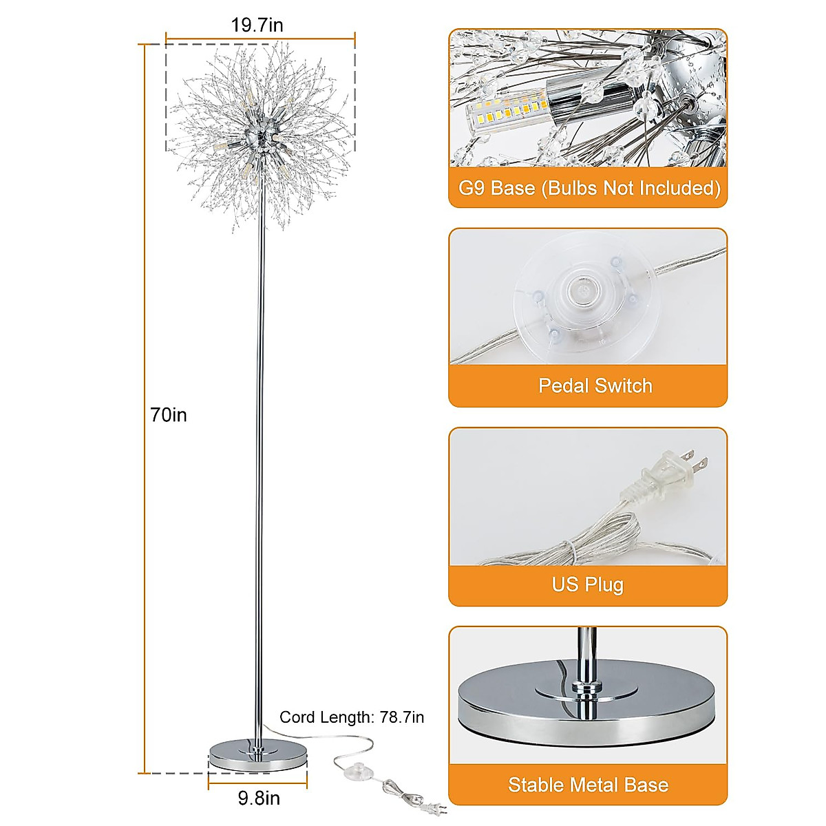 SineRise Modern Crystal Floor Lamp (9-Light, 70-Inch, Chrome), Standing Lamp with Footswitch, LED Floor Lamp for Living Room, Girls Room, Bedroom, Dresser, Office (Bulbs NOT Included)