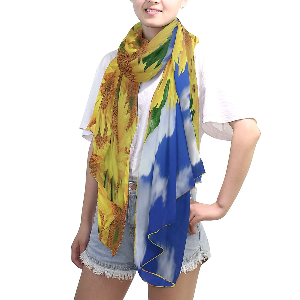 Use4 Fashion Lightweight Sunny Sunflower Floral Chiffon Silk Long Scarf Shawl Wrap