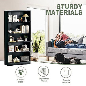 VICLLAX 5-Shelf Wood Bookcase, Wide Adjustable Open Bookshelf, Tall Display Storage Shelf for Living Room, Bedroom, Kids Room, Office, Black