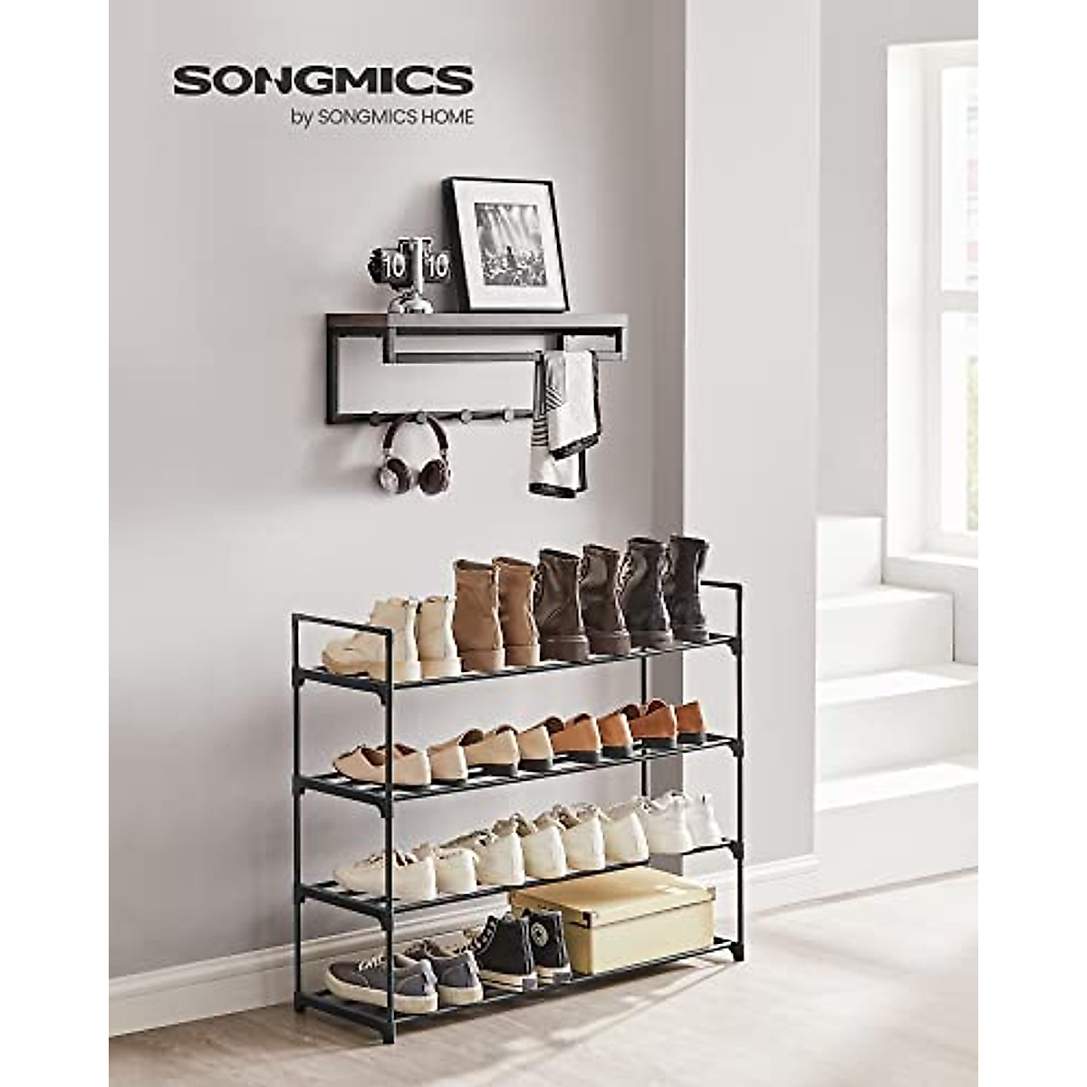 SONGMICS Shoe Rack, 4 Tier Shoe Organizer, Metal Shoe Storage Shelf for 20 Pairs of Shoes, Easy to Assemble, Entryway, Black ULSA14BK