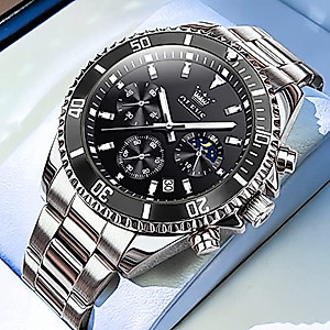 OLEVS Black Silver Watches for Men Classic with Date Business Dress Chronograph Big Face Reloj para Hombre Waterproof Luminous Mens Wrist Watch Analog Party Fashion Stainless Steel Man Watch