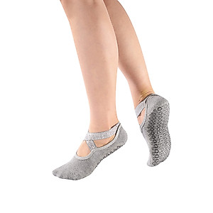 Teebulen Women's and Girl's 2 Pairs Grey with Silver Glitter Padded Anti Skid Non Slip Yoga Socks with Grips for Barre Pilate Ballet,Size 4-8
