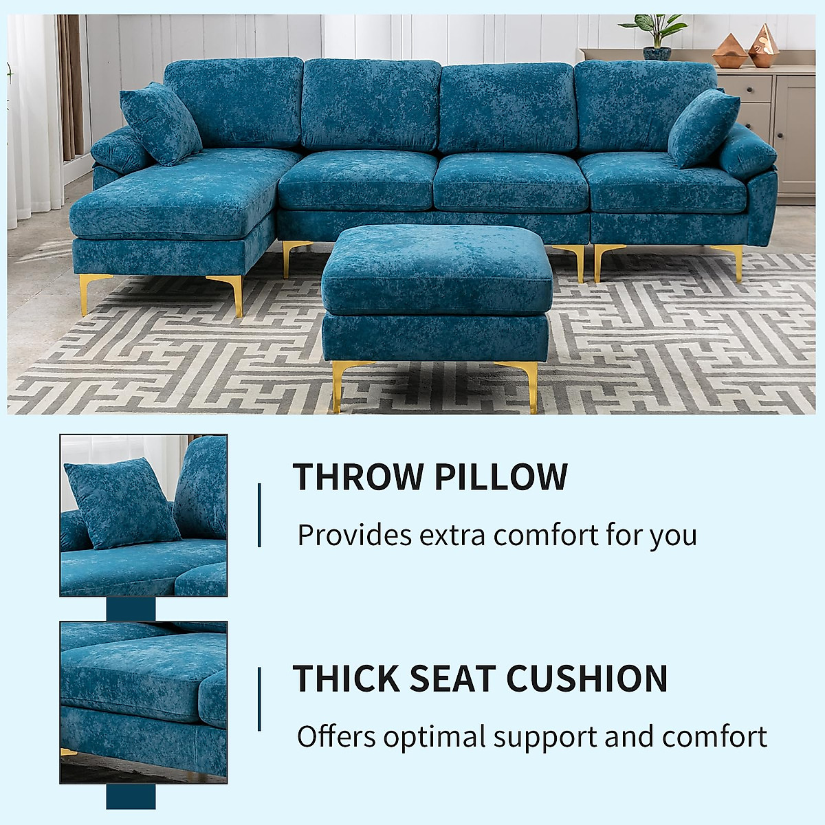Sudwesto Modular Sectional Sofa, U Shape Chenille Upholstered Sofa Couch with Ottoman, 4 Seat Reversible Couch with Chaise Lounges, Convertible Sofa Set for Living Room (Teal Blue)
