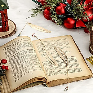 6 Pieces Christmas Series Metal Feather Pendant Bookmarks 3D Gold Feather Bookmarks Vintage Feather Bookmarks Beautiful Gi ft for Kids Students Teachers Friends Reading Page Marker Bookend