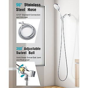 Shower Head-12 Functions High Pressure Handheld Showerhead with 96" Extra Long Hose for Pets Dog Bath, SR RUN RISE Detachable Water Saver Hand Shower Wand with Switch Button (Polished Chrome)