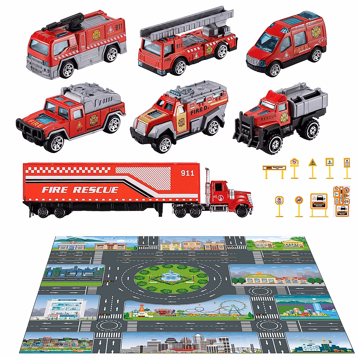 TEMI Diecast Emergency Fire Rescue Vehicle Toy Set w/Play Mat, Truck Carrier,Ambulance, Alloy Metal Fighting Car for 3 4 5 6 Years Old Toddlers Kids Boys and Girls