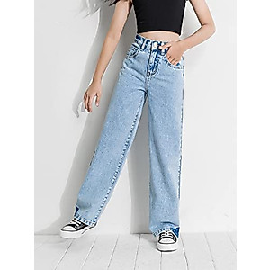 Romwe Girl's Vintage High Waisted Straight Leg Jeans Regular Fit Denim Pants Blue Light Wash 160