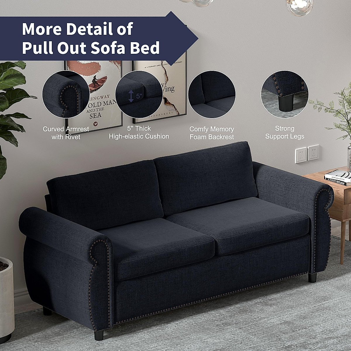 ijuicy 74" Full Size Pull Out Sofa Bed, 2-in-1 Pull Out Couch Bed with Rivets Armrest, Linen Sleeper Sofa with Memmory Foam Mattress,Modern Sofa Bed for Living Room(Upgraded/Dark Grey/Full)