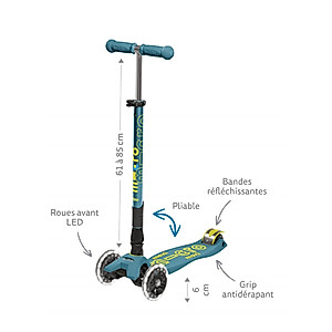 Micro Kickboard - Maxi Deluxe Foldable LED - Three Wheeled, Lean-to-Steer, Fold-to-Carry Swiss-Designed Micro Scooter for Kids with Motion-Activated Light-Up Wheels for Ages 5-12 (Petrol Green)