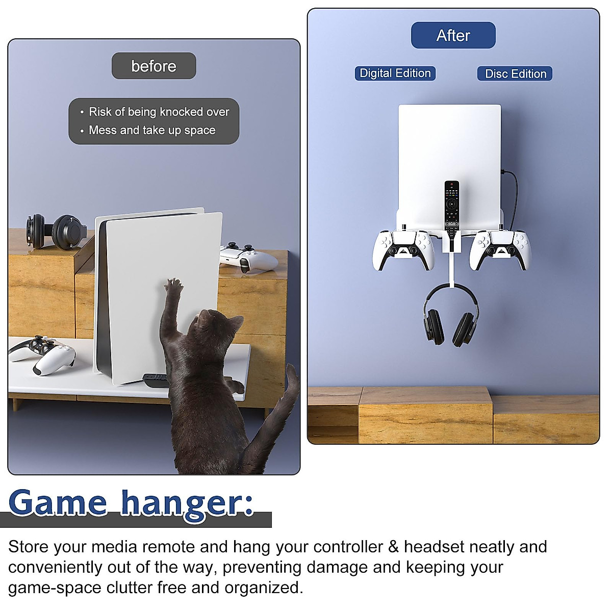 ROCHIE PS5 Wall Mount Bracket PS5 Wall Stand with 2-in-1 Magnetic Charging Cable for Playstation 5 Disc/Digital Edition, with Detachable Controller Holder & Headphone Hanger White