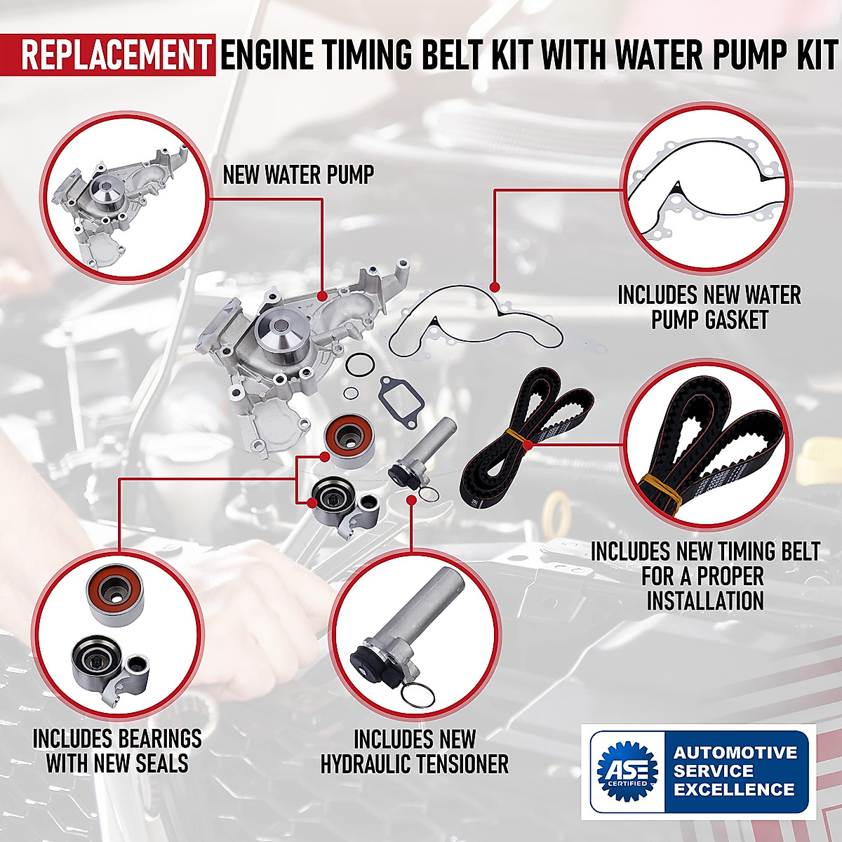 Engine Timing Belt with Water Pump Kit - Compatible with Lexus, Toyota - 4.0L, 4.3L, 4.7L - GS430, GX470, LS430, SC400, SC430, 4Runner, Land Cruiser, Sequoia, Tundra - Replaces TKT-021, TCKWP298