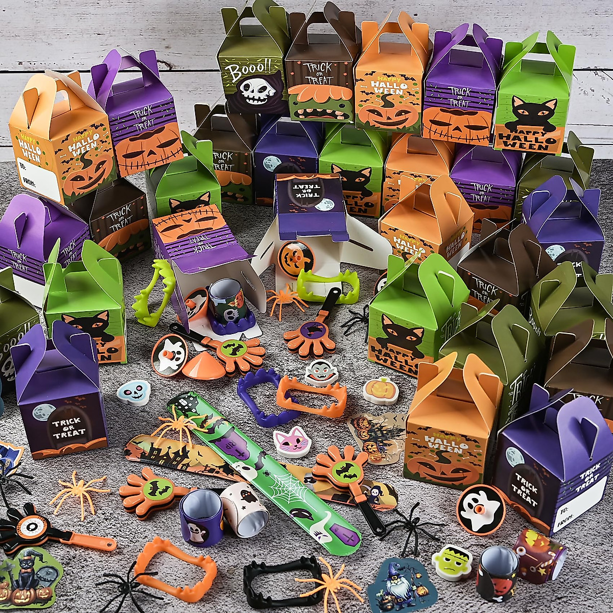 ATFUNSHOP 30PACKS Halloween Treat Boxes and Party Favors 240PCS Trick or Treat Candy Boxes for Classroom Students Exchange Halloween Carnival Prizes
