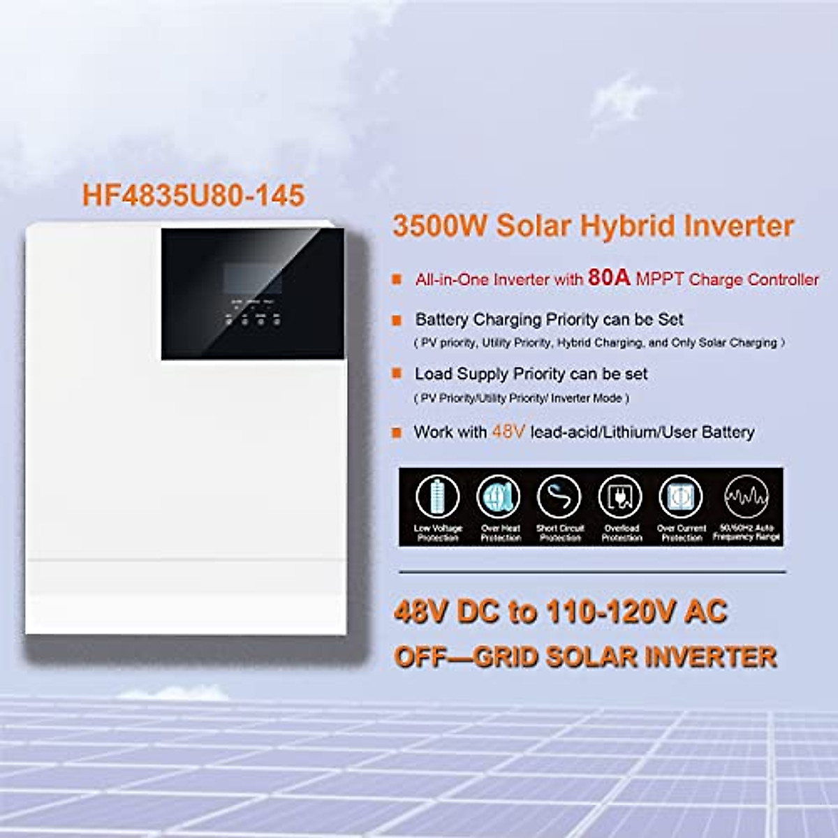 Y&H 3500W 48V Off Grid Solar Hybrid Inverter AC120V Pure Sine Wave with 80A MPPT Charge Controller PV Max 145V Input, Works with 48V Lead Acid and Lithium Batteries, Supports Utility/Generator/Solar