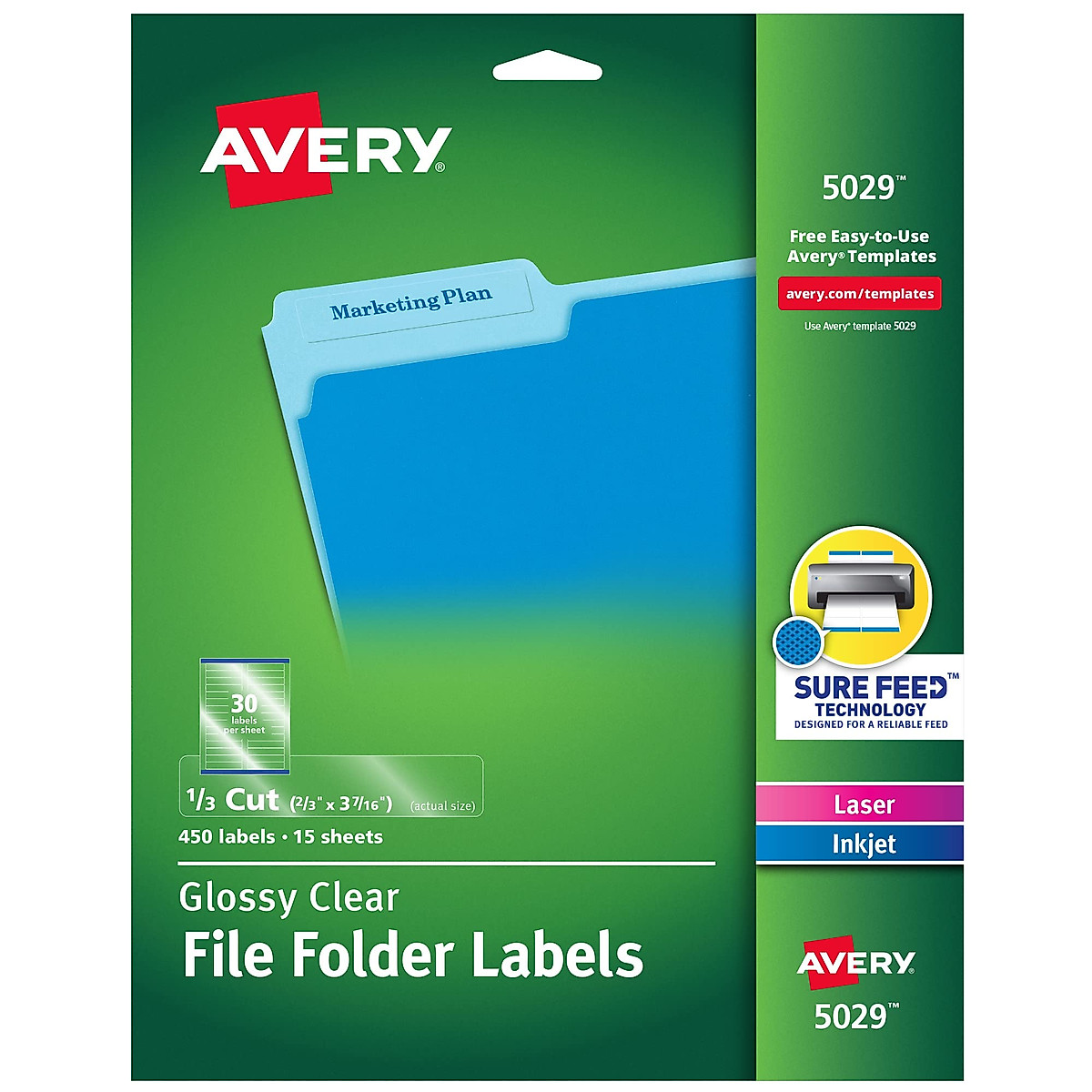 Avery Clear Self-Adhesive Filing Labels, 2/3" x 3-7/16", 450 Printable Labels, Glossy Clear (5029)