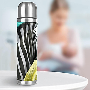Stainless Steel Leather Vacuum Insulated Mug Zebra Thermos Water Bottle for Hot and Cold Drinks Kids Adults 16 Oz