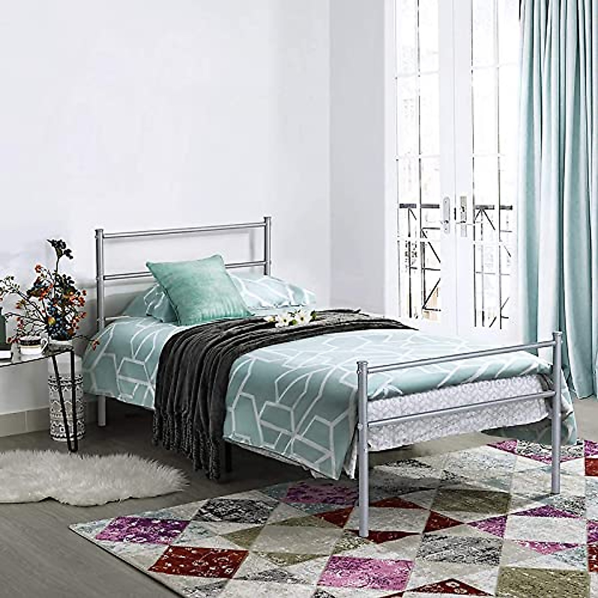 Voilamart Twin Metal Bed Frame with Storage,Silver Grey Bed Frames with Headboard and Footboard, No Box Spring Needed, Platform Bed Frame for Kids