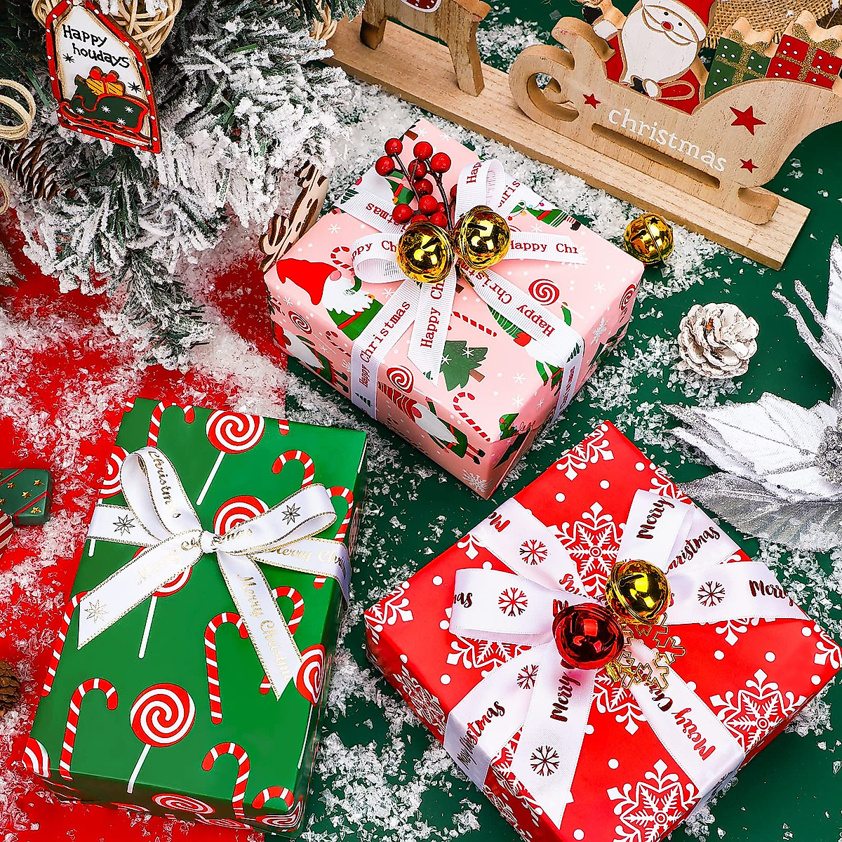 WRAPAHOLIC Christmas Wrapping Paper Roll - Red, Green and Pink Christmas Gnome Elf Holiday Collection - 4 Rolls - 30 Inch x 120 Inch Per Roll