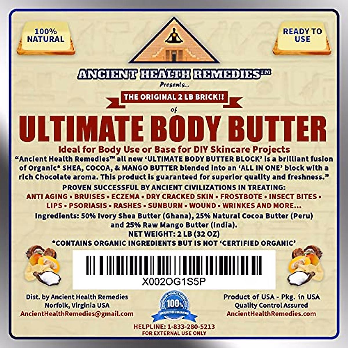 ANCIENT HEALTH REMEDIES Organic Shea, Cocoa, Mango Butter ULTIMATE BODY BUTTER Raw, Unrefined Skincare Ingredient for Homemade DIY Lotion Making, Baby Care and Hand Creams (USA) (2 LB)