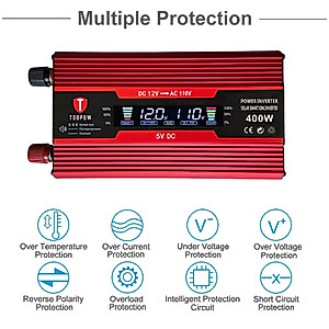 Toopow 400W Power Inverter DC 12V to 110V AC Converter with Digital LCD Display 2A USB Car Charger Adapter for RV Phones Tablets PC Laptops