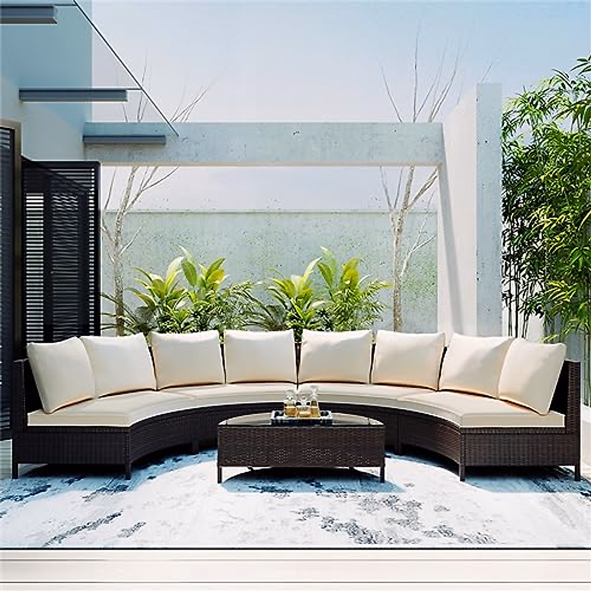 n/a 5 Pieces Brown PE Rattan Wicker Sofa Set Outdoor Patio Sectional Furniture Set Half-Moon with Tempered Glass Table