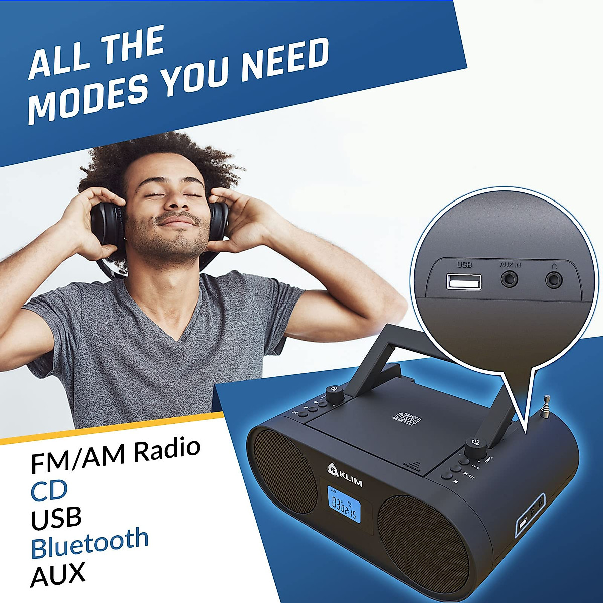 KLIM Boombox B4 CD Player Portable Audio System + AM/FM Radio with CD Player, MP3, Bluetooth, AUX, USB + Wired & Wireless Mode, Rechargeable Battery + Remote Control, Autosleep, Digital EQ + New
