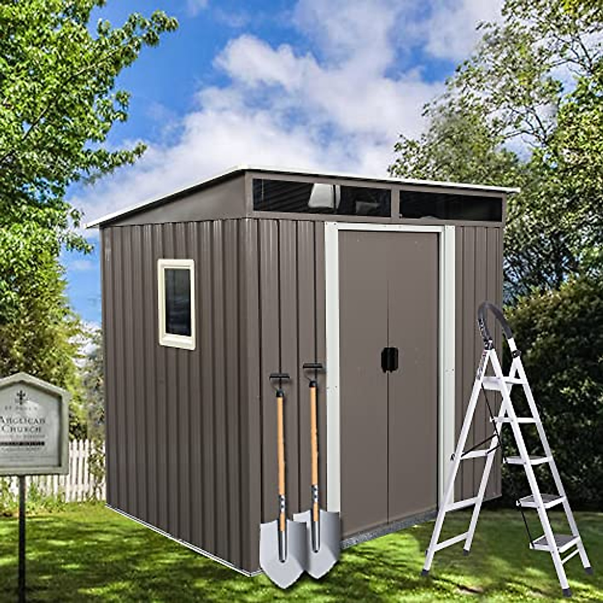 6ft X 4.5ft Outdoor Storage Shed, Galvanized Metal Garden Shed with Window and Metal Foundation, Tool Storage Shed for Patio Lawn Backyard (Gray-with The window-6ftx4.5ft)