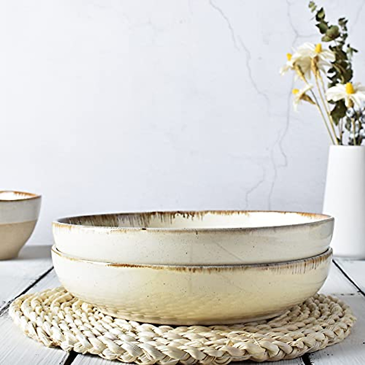 Bosmarlin Stoneware Large Pasta Bowls, 40 Oz, Set of 4, Big Salad Bowls, Microwave and Dishwasher Safe (Barely beige, 9.3 in)