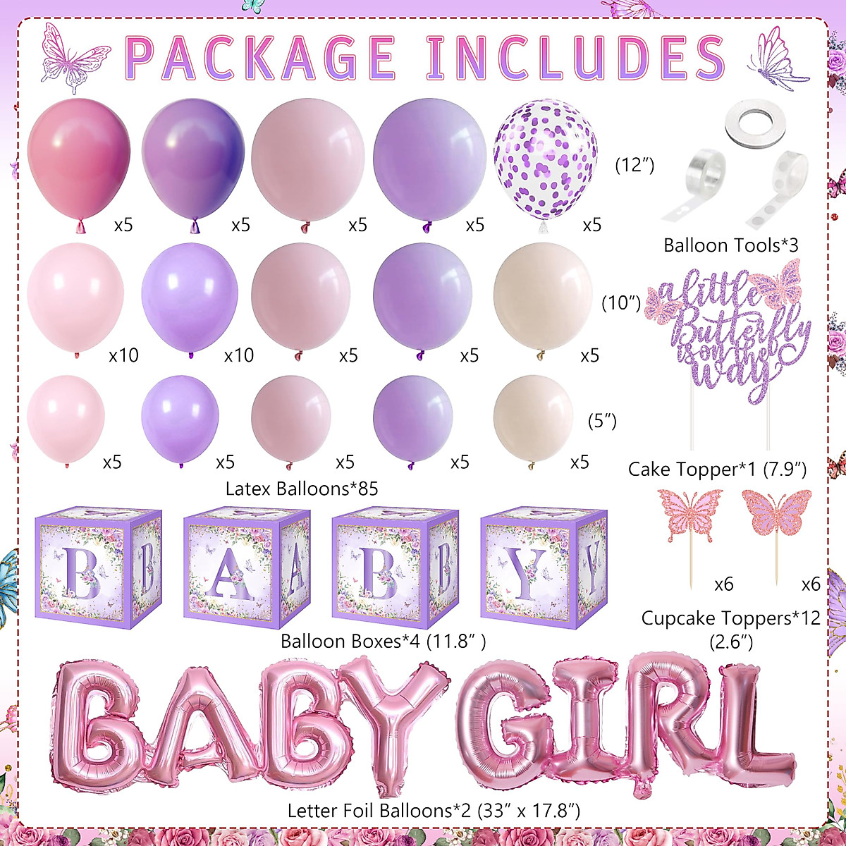 Butterfly Baby Shower Decorations for Girls A Little Butterfly Is On The Way Party Backdrop Butterfly Cake Toppers Stickers Pink Purple Balloons Baby Boxes for Girl Birthday Baby Shower Decor