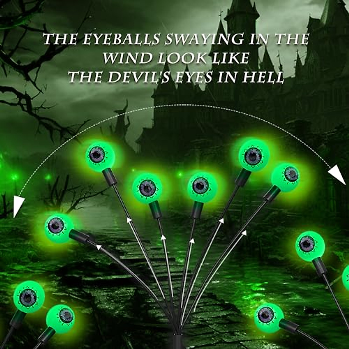 Halloween Decorations Outdoor Solar Scary Eyeball Lights - 2 Pack 12 LED Waterproof Halloween Path Lights, Green Eyeball Swaying Firefly Lights for Yard/Garden/Lawn/Party/Landscape Decoration