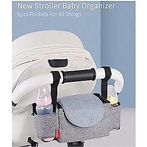 Universal Stroller Caddy, Stroller Organizer Featuring 6 Built-In Pockets, Adjustable Straps To Fit Nearly Any Stroller Active (Gray)
