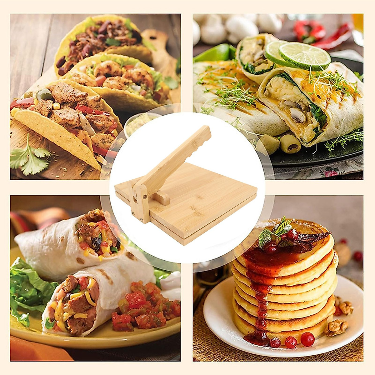 EVGATSAUTO Wooden Tortilla Press Maker, Rustproof Metal Dough Press for Home Kitchen, 50 Sheets Parchment Paper, Pizza Pancake Naan Press, Foodies